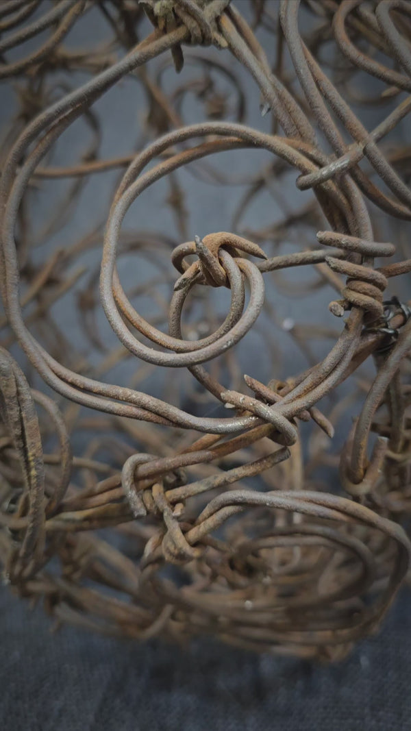 Rusty Barbed Wire Garden Sphere – Wire Artist Laura Ouimet/We-met Wire Work